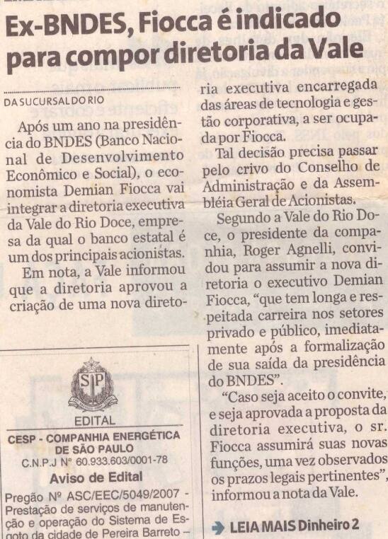 "Ex-BNDES, Fiocca é indicado para compor diretoria da Vale" - Demian Fiocca